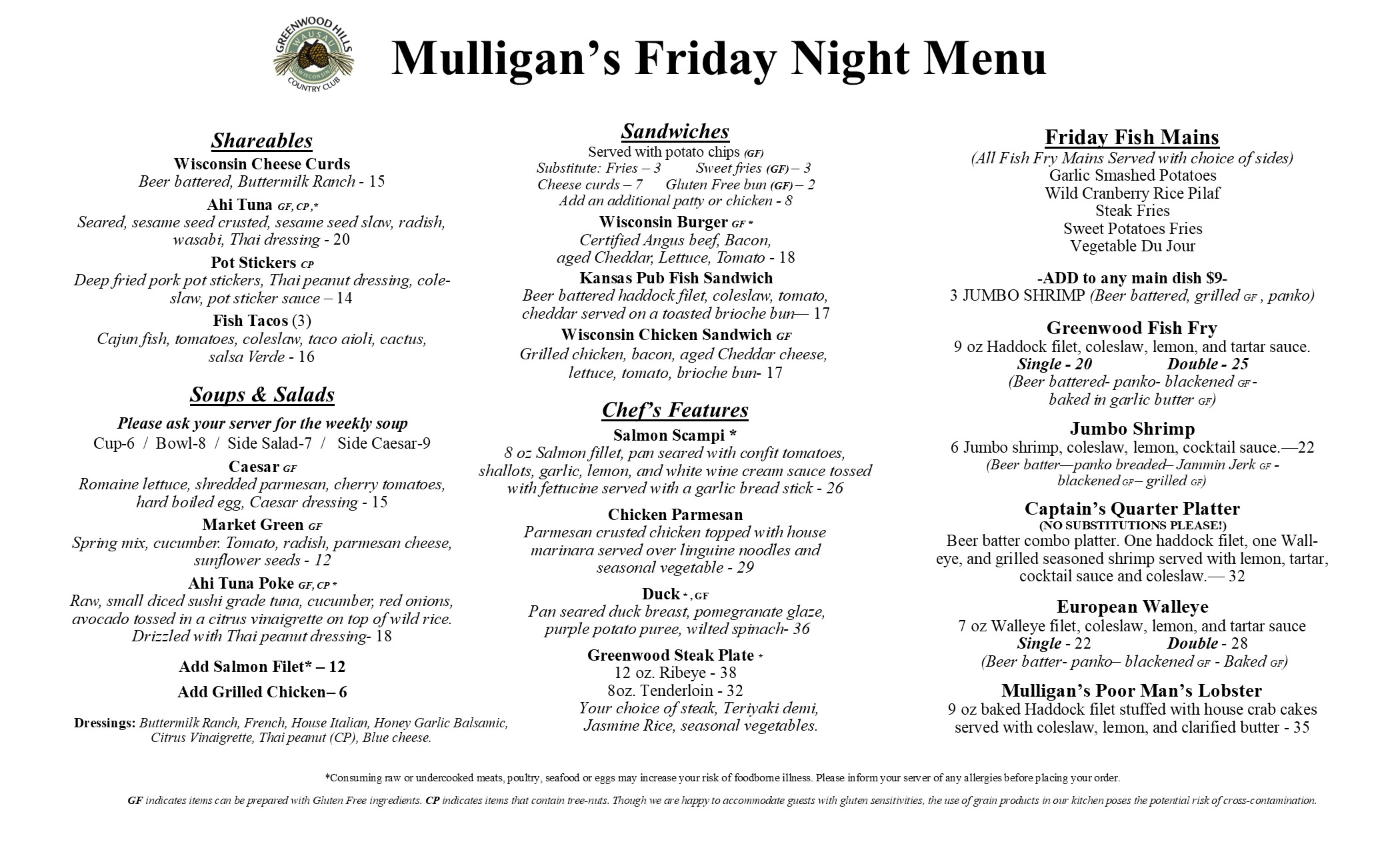 Friday Night Menu - Greeenwood Hills Country Club - Wausau WI